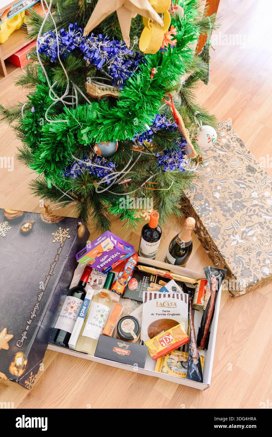Valencia, Spain - December 26, 2025: Christmas gift basket for adults ...