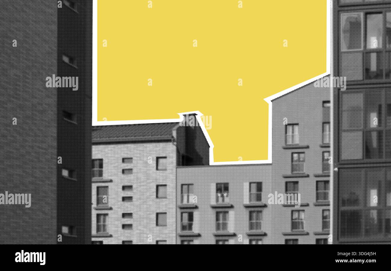 Modern residential buildings in monochrome with graphic yellow ...
