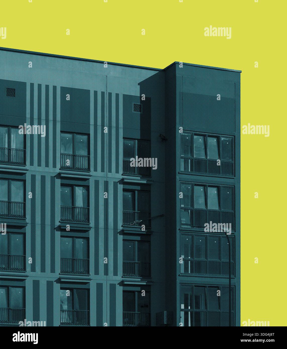 Stylized halftone image of a modern residential building with balconies ...