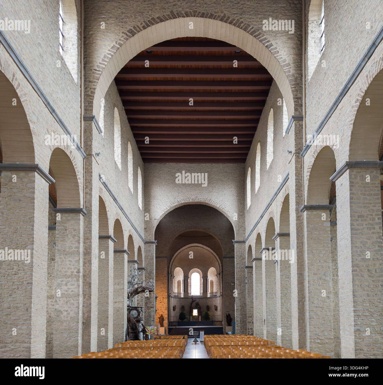 Serene interior view of Nivelles’ historic Collegiate Church of Saint ...