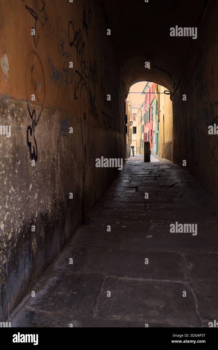 Covered narrow alley with graffiti on the walls and a pylon at the ...
