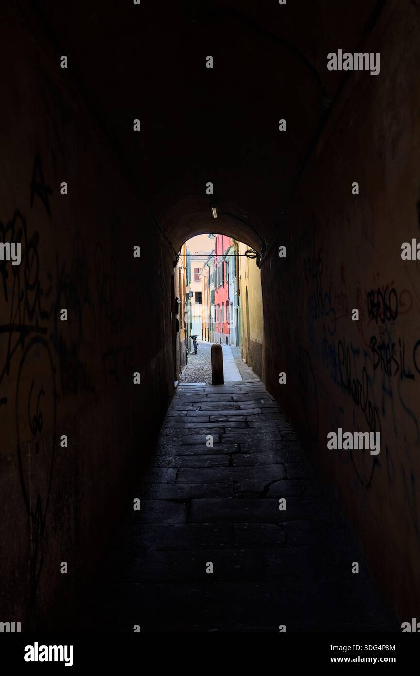 Covered narrow alley with graffiti on the walls and a pylon at the ...