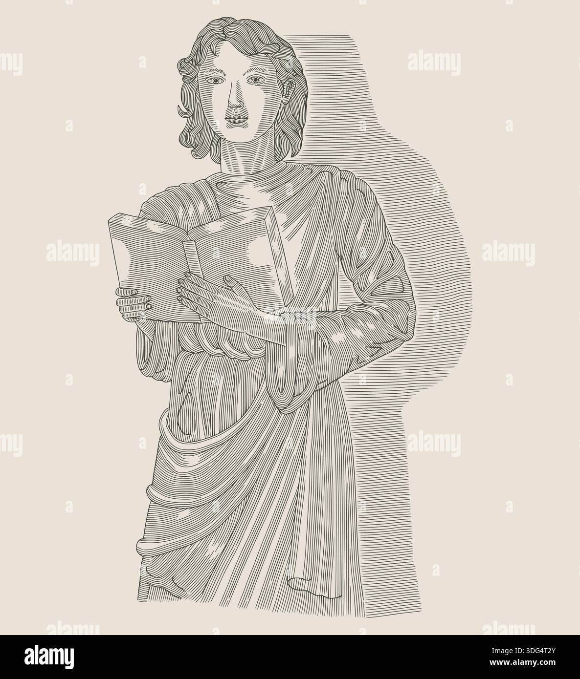 ancient young greek man holding open book, vintage engraving drawing ...