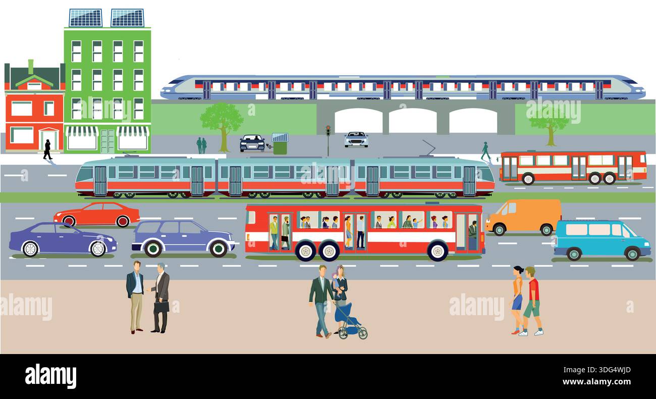 City skyline with cars, public transportation, light rail, metro ...