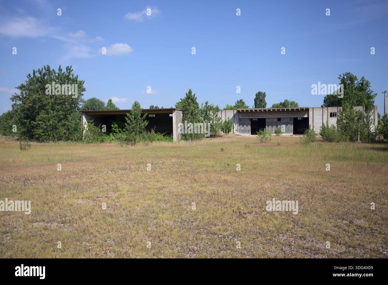 Warehouses of an abandoned compound surrounded by trees on a sunny day ...