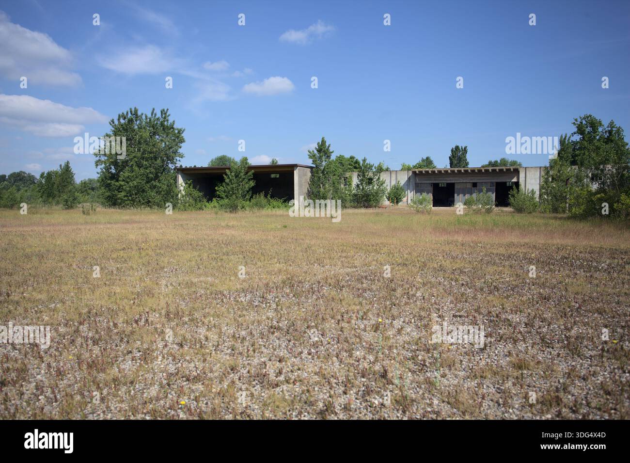 Warehouses of an abandoned compound surrounded by trees on a sunny day ...