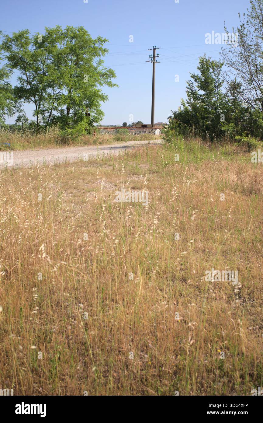 Dirt road blocked by a rusty bar next to a yard with dry grass and ...