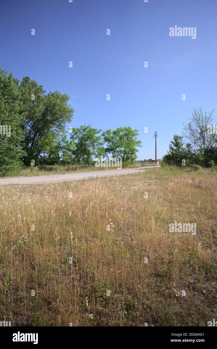Dirt road blocked by a rusty bar next to a yard with dry grass and ...