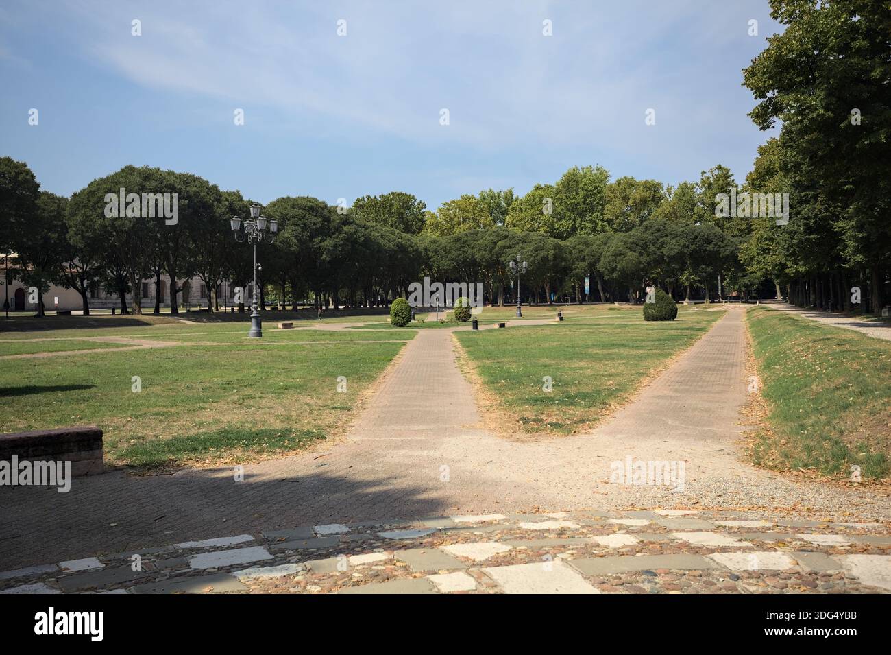 Opening forming a square with trails and bushes bordered by trees on it ...