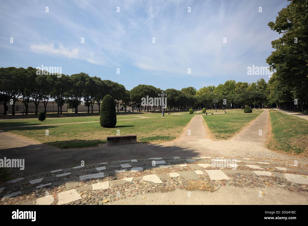 Opening forming a square with trails and bushes bordered by trees on it ...