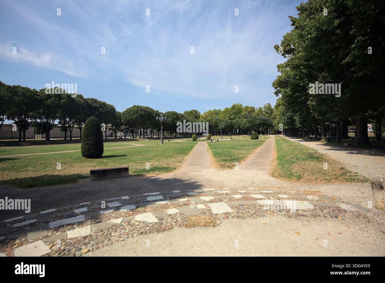 Opening forming a square with trails and bushes bordered by trees on it ...