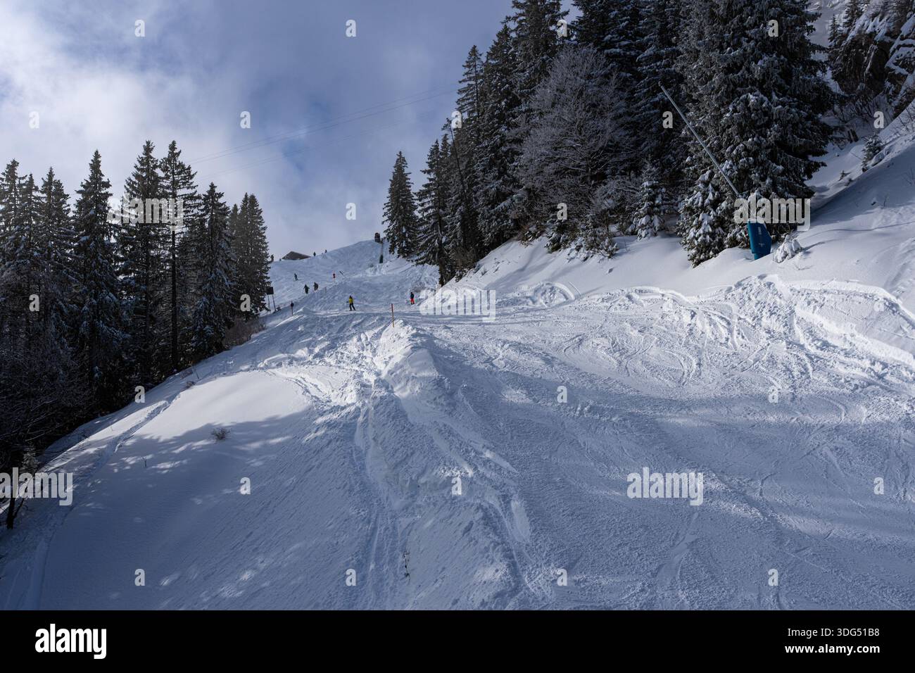 Action shot of skiers on a sunny, snow-covered piste surrounded by ...