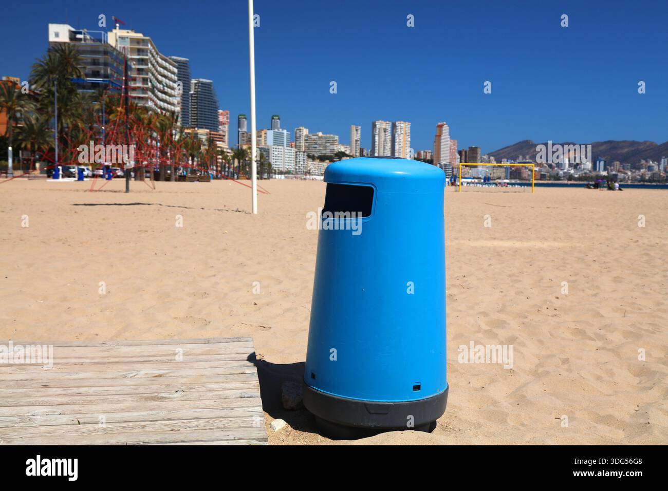 Beach garbage bin in Benidorm in Alicante Province, Valencian Community ...