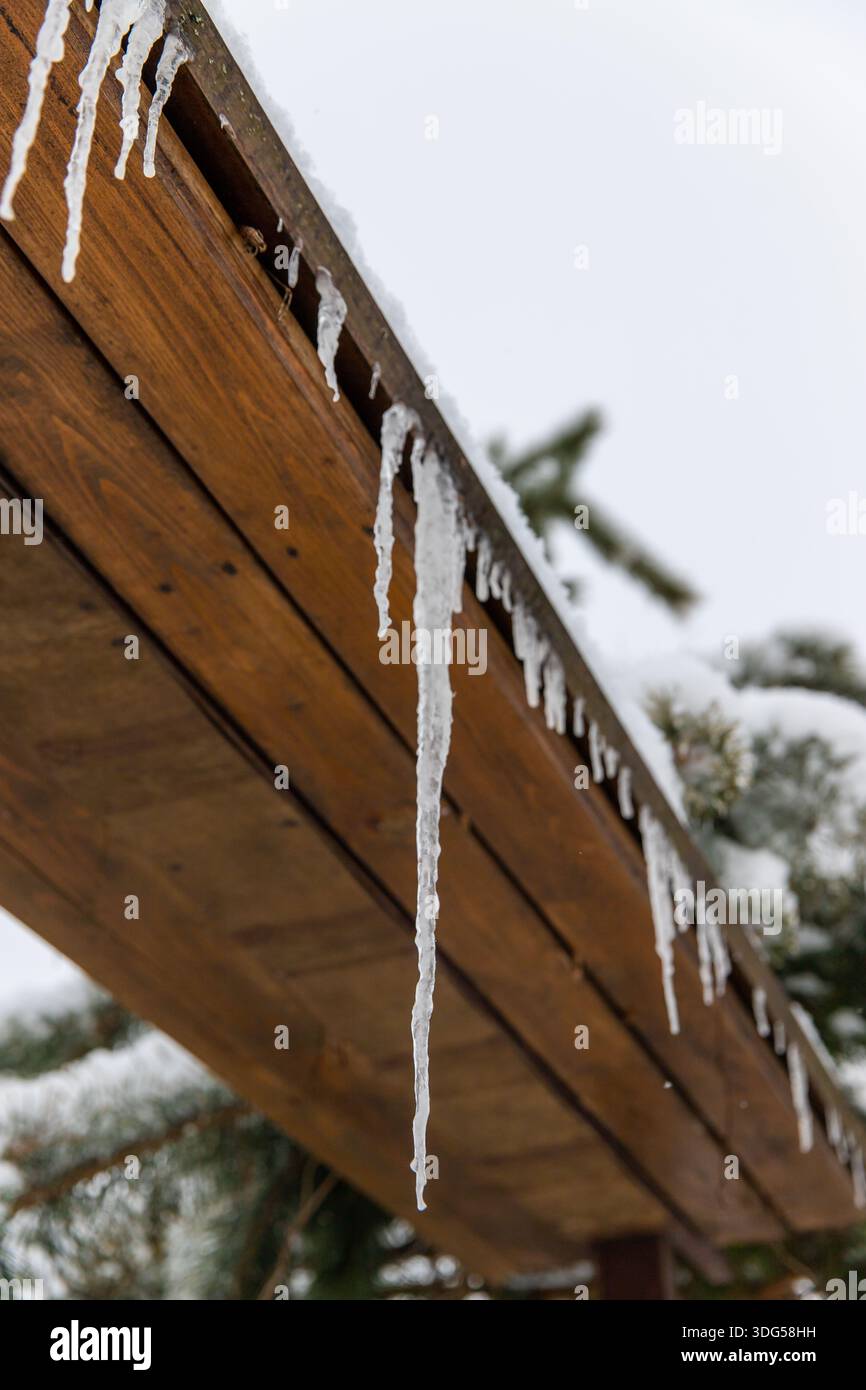 Icicles hang on the roof in winter. Selective focus. nature Stock Photo ...