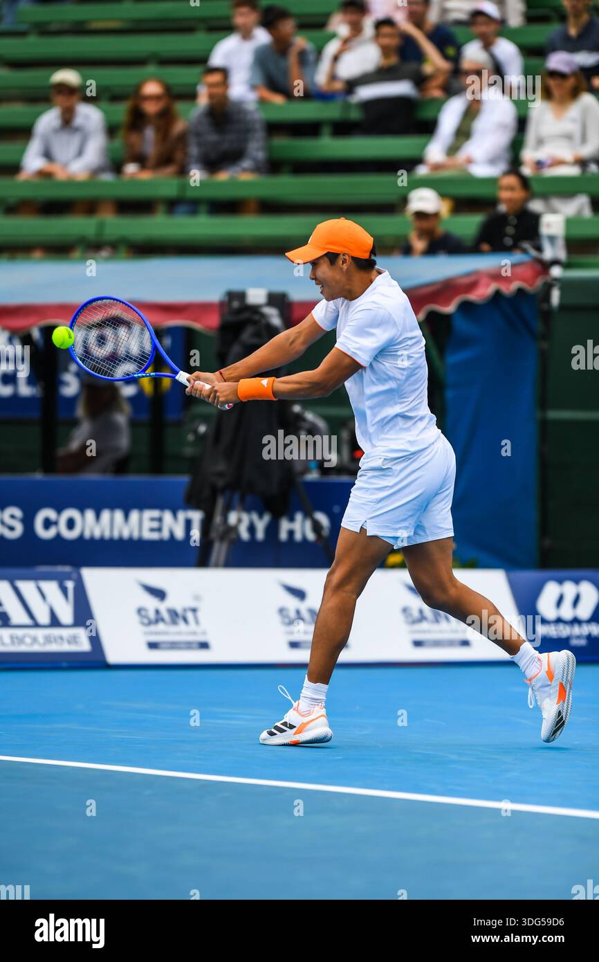Learner Tien (USA) is seen in action during the tennis match with Marin ...