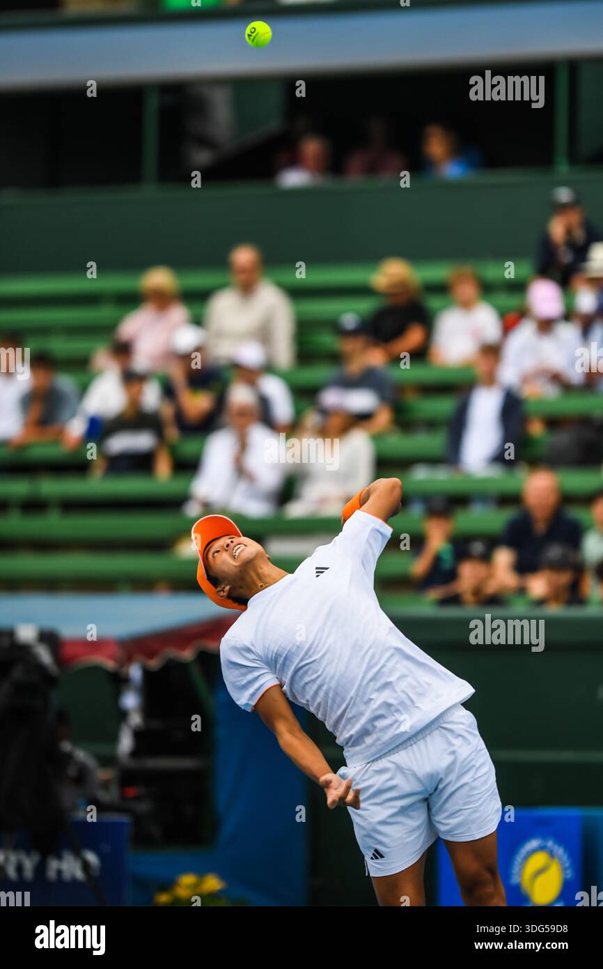 Learner Tien (USA) is seen in action during the tennis match with Marin ...