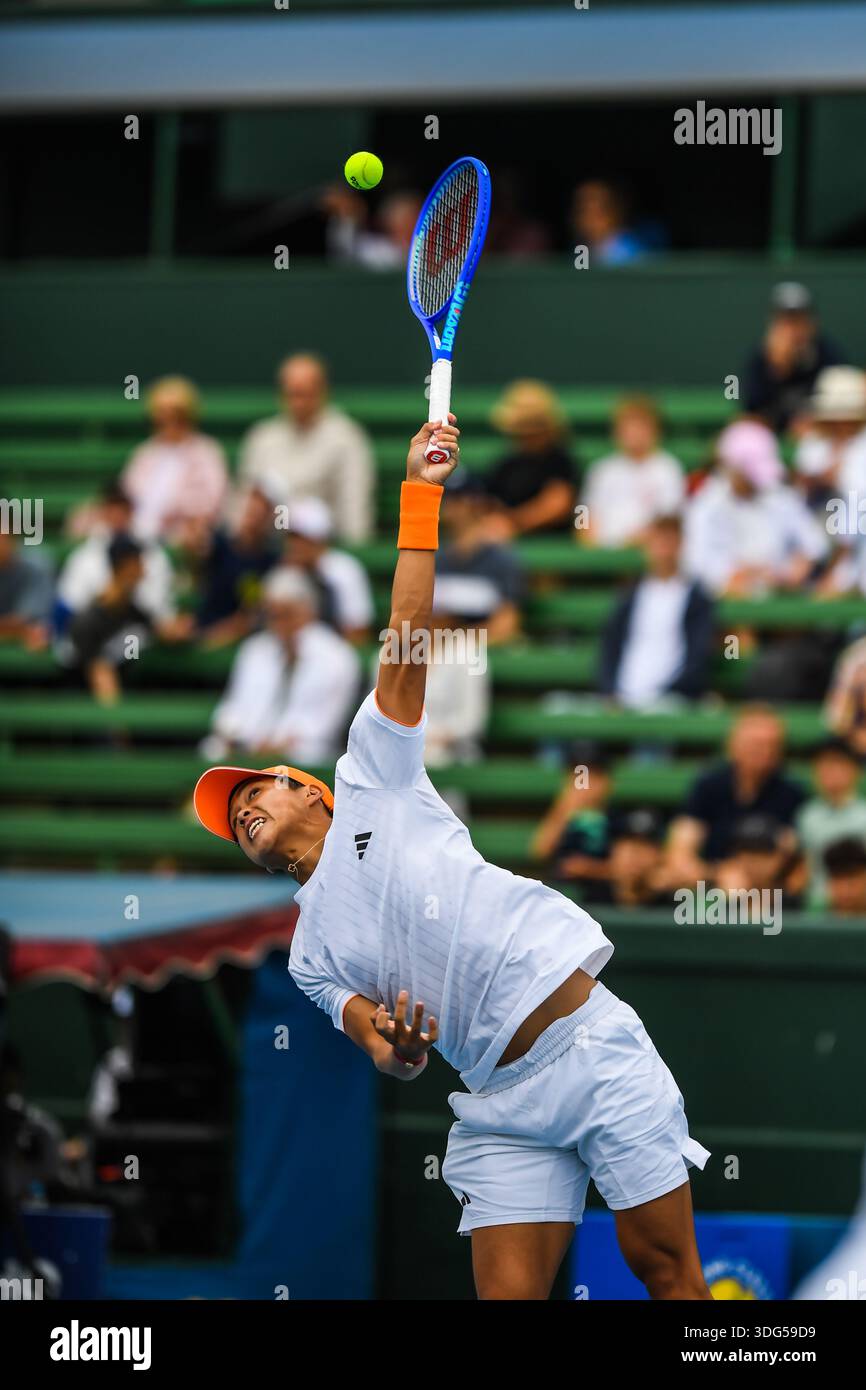 Learner Tien (USA) is seen in action during the tennis match with Marin ...