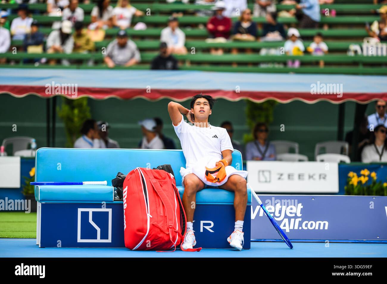 Learner Tien (USA) is seen in action during the tennis match with Marin ...