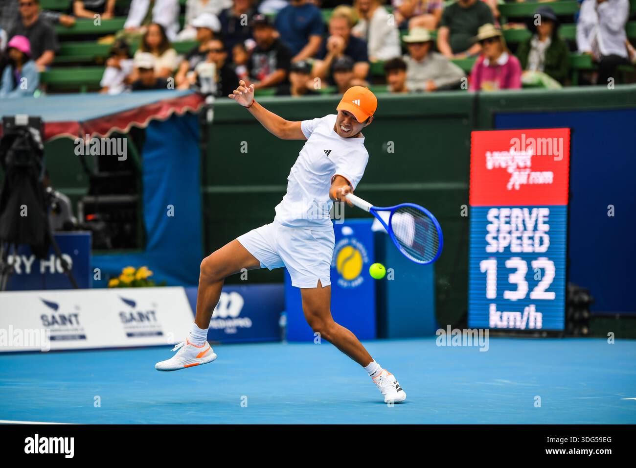 Learner Tien (USA) is seen in action during the tennis match with Marin ...