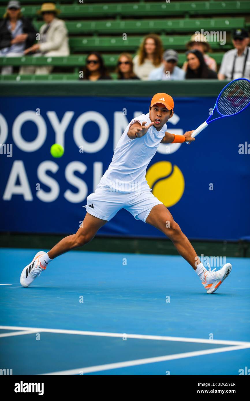 Learner Tien (USA) is seen in action during the tennis match with Marin ...