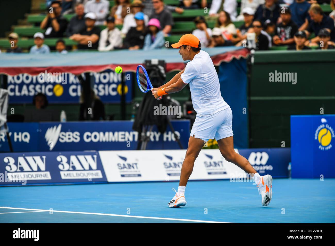 Learner Tien (USA) is seen in action during the tennis match with Marin ...
