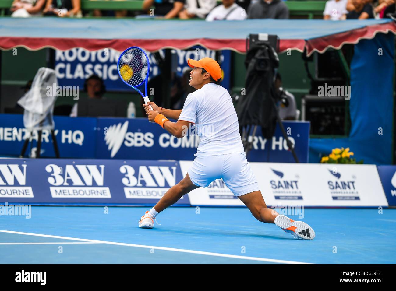 Learner Tien (USA) is seen in action during the tennis match with Marin ...
