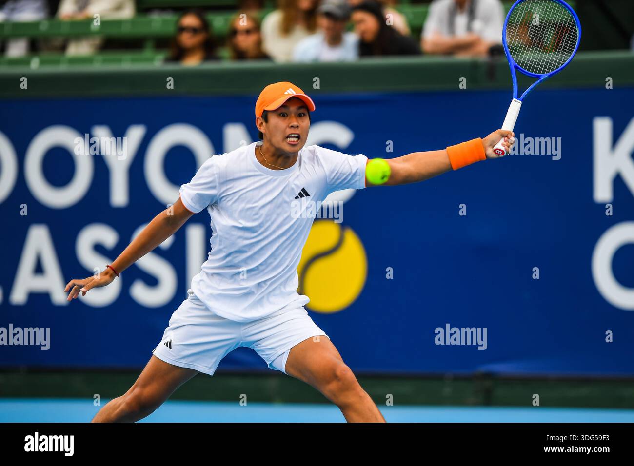 Learner Tien (USA) is seen in action during the tennis match with Marin ...