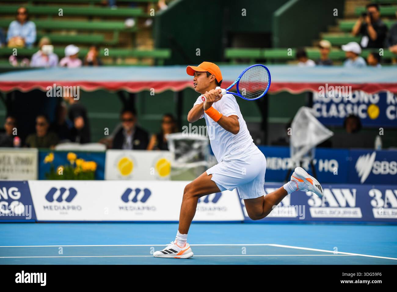 Learner Tien (USA) is seen in action during the tennis match with Marin ...