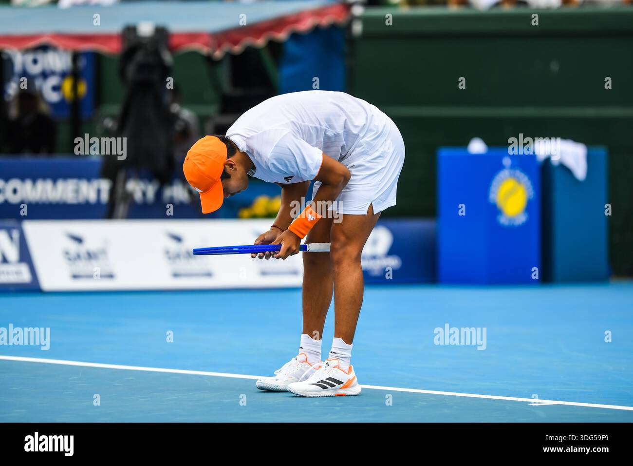 Learner Tien (USA) is seen in action during the tennis match with Marin ...