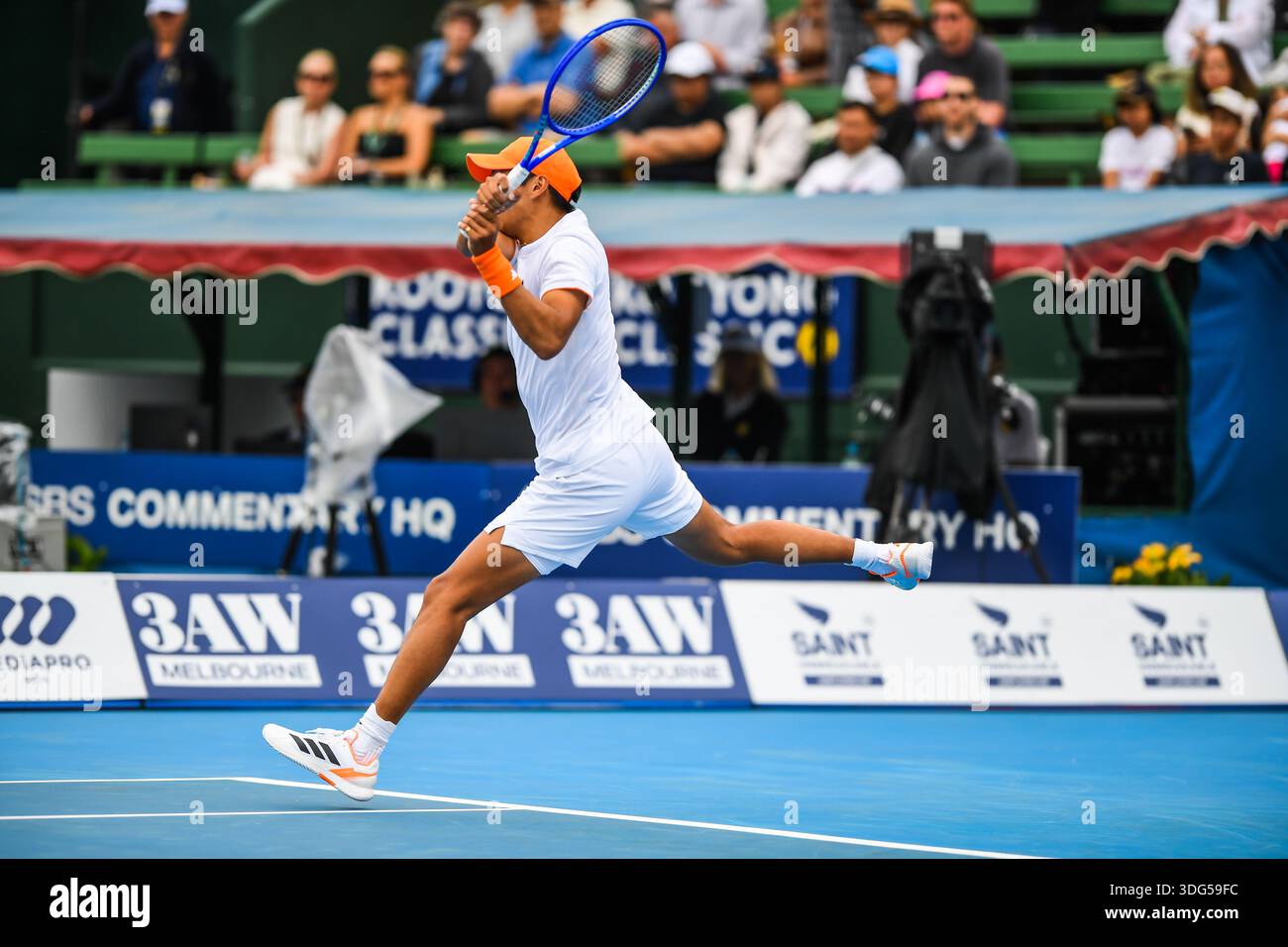 Learner Tien (USA) is seen in action during the tennis match with Marin ...