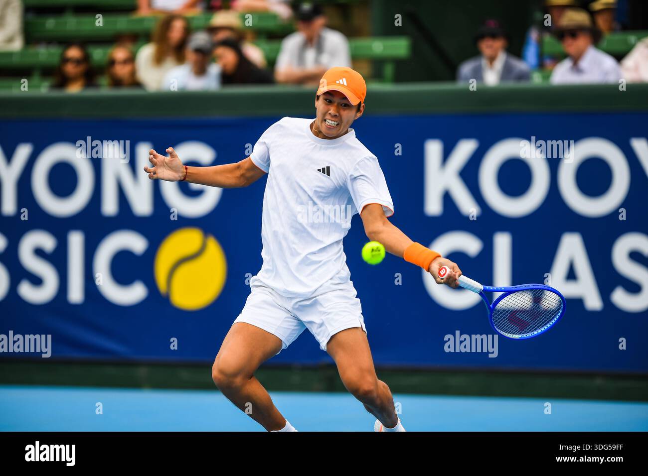 Learner Tien (USA) is seen in action during the tennis match with Marin ...