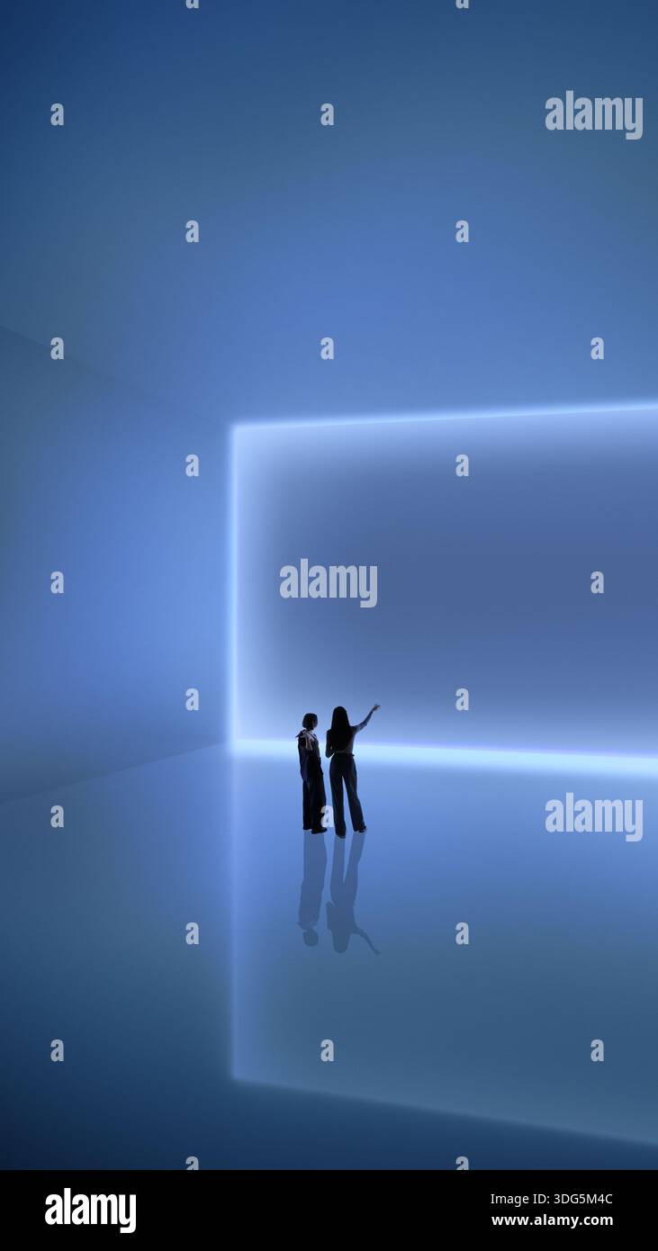 Abstract composition with two people pointing at glowing wall Stock ...