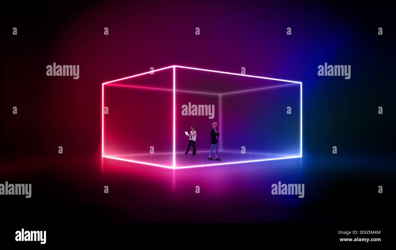 Bold artwork with people inside neon cube structure Stock Photo - Alamy