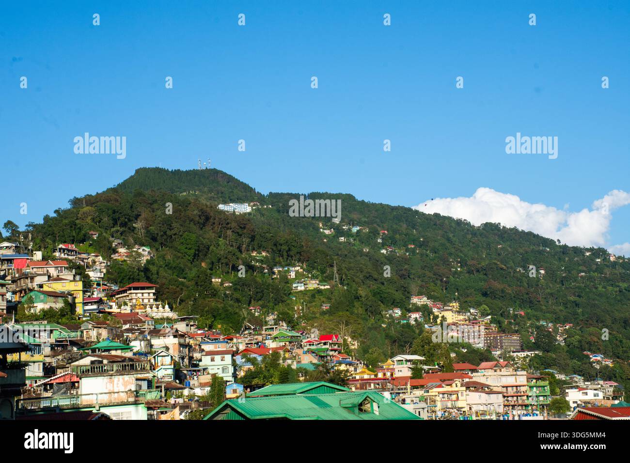 A panoramic view of a section of Kalimpong town with colorful rooftops ...