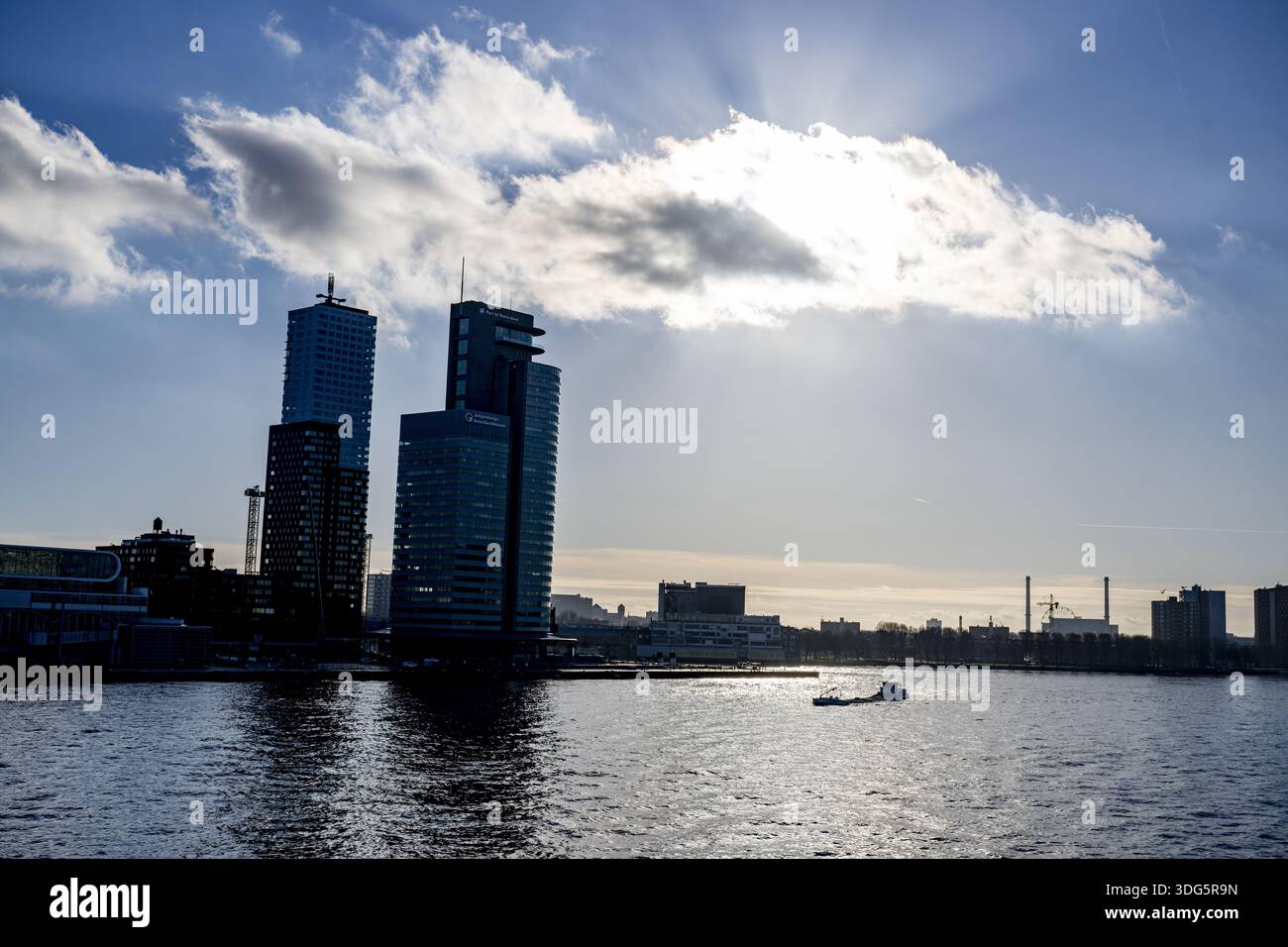 ROTTERDAM - River Maas with an inland vessel in the center of Rotterdam ...