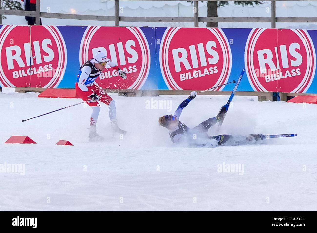 Steinkjer, Norway 20260115. Einar Hedegart falls during the men's 10km ...