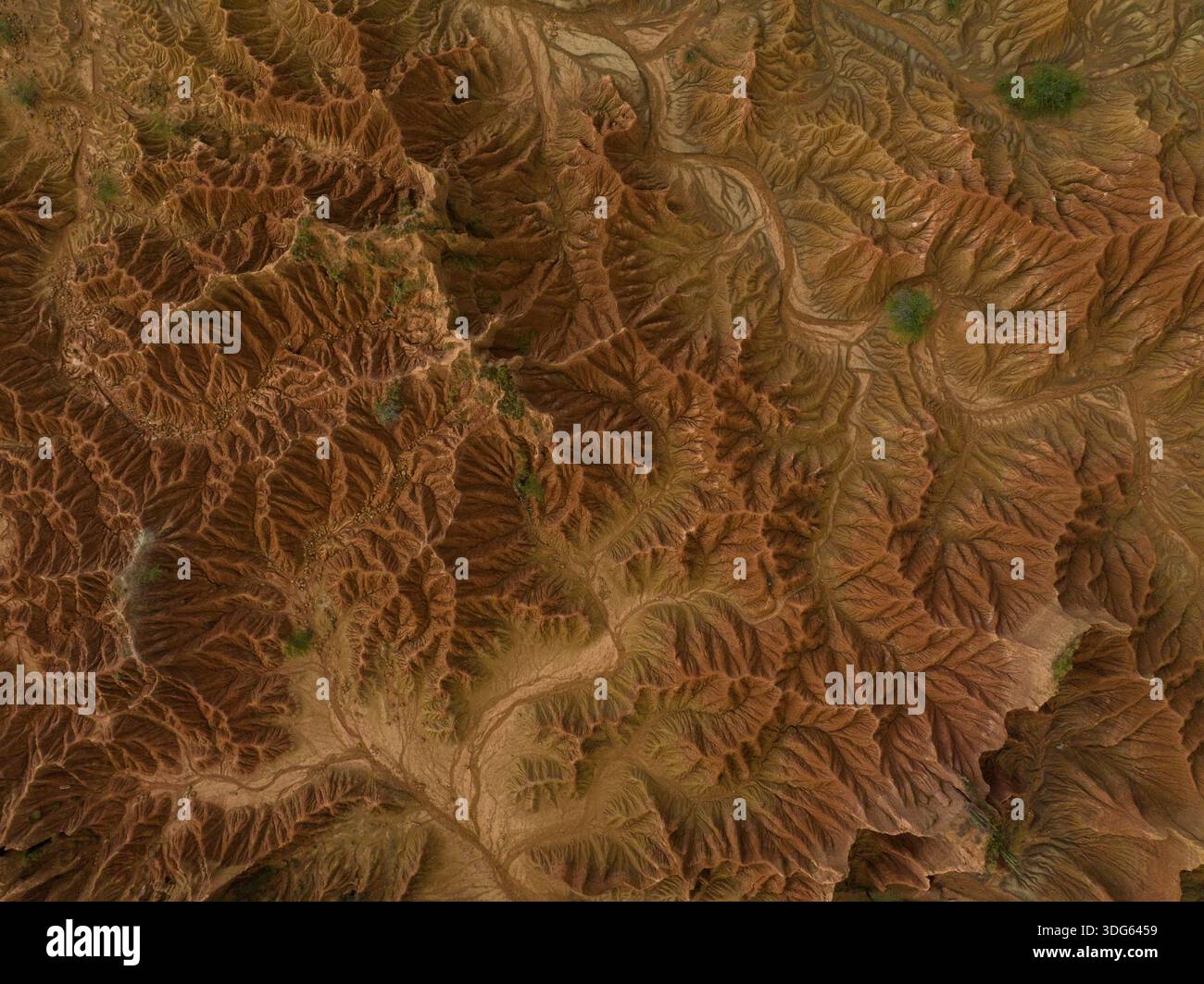 Aerial view of deep, red sandstone erosion in a rugged, arid landscape ...