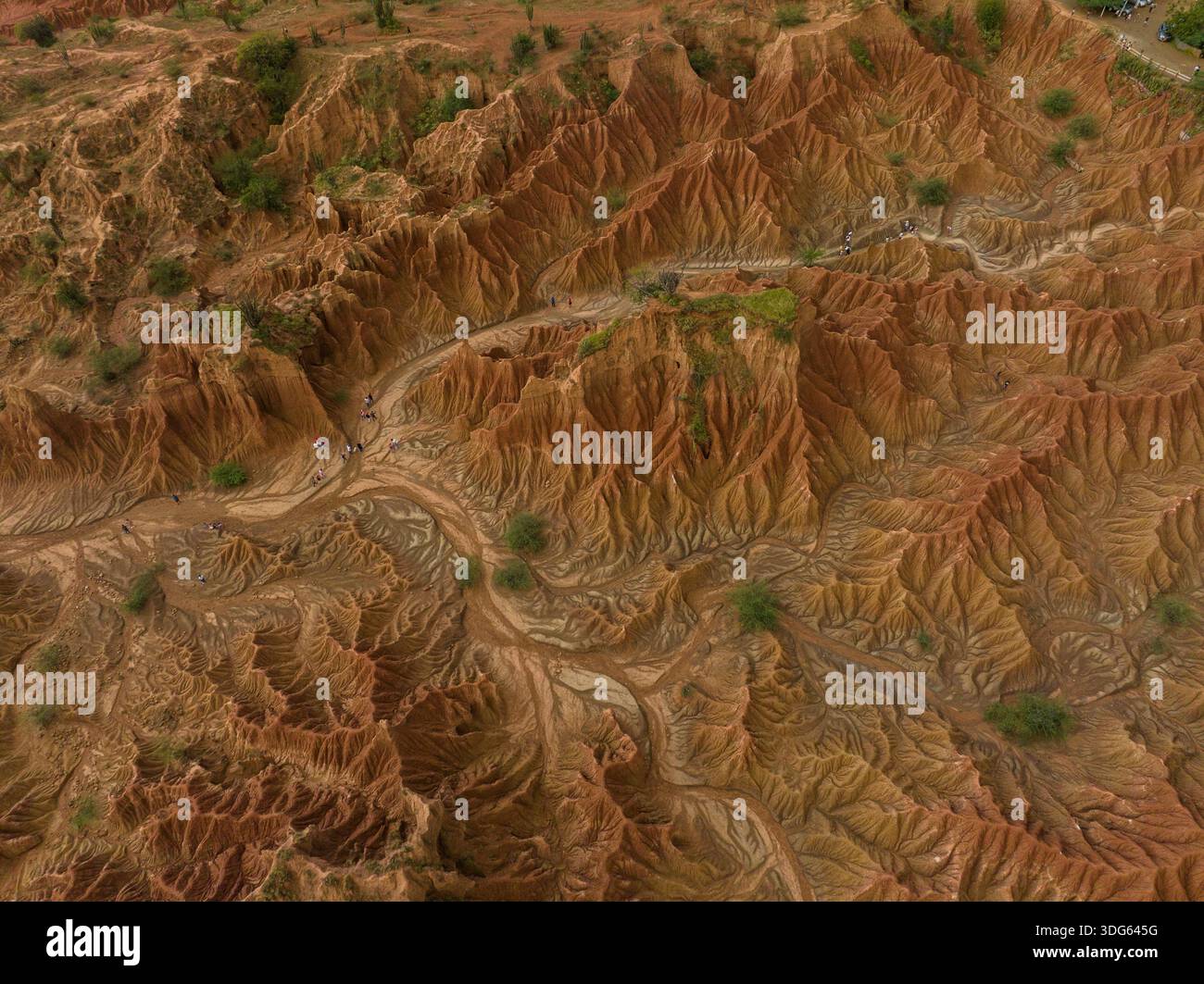 Aerial view of rugged desert landscape with deep red canyon formations ...