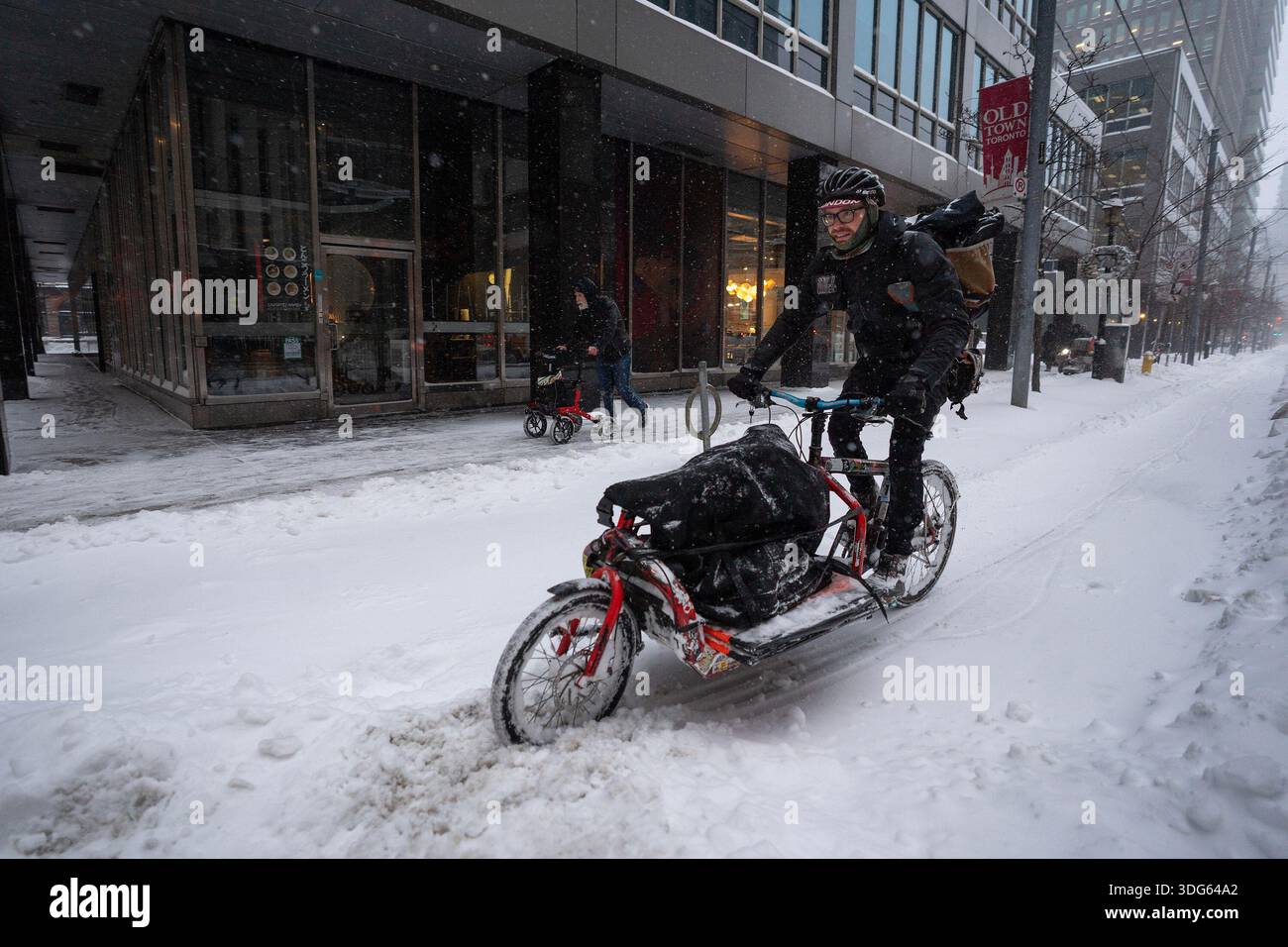 A cargo cyclist rides along Adelaide Street East amid heavy snowfall ...