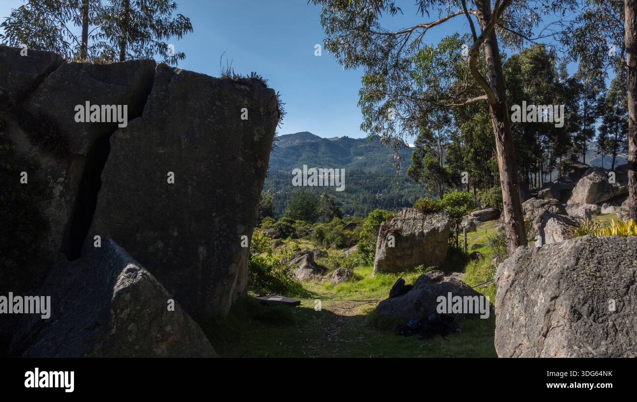 Large rocks and lush green forest with distant mountains under a clear ...