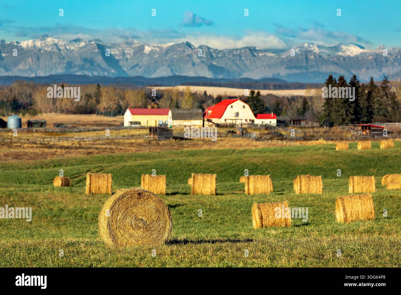 A rural landscape with hay bales, a farmhouse, and mountains in the ...
