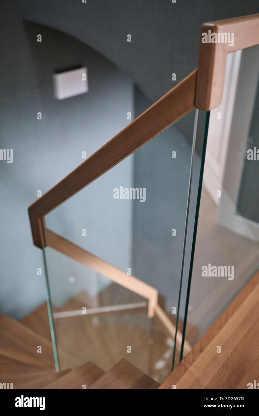 Glass Railing on Wooden Staircase Stock Photo - Alamy