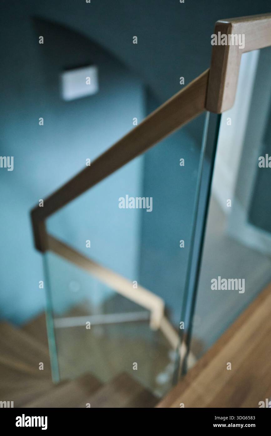 Glass Railing on Wooden Staircase Stock Photo - Alamy