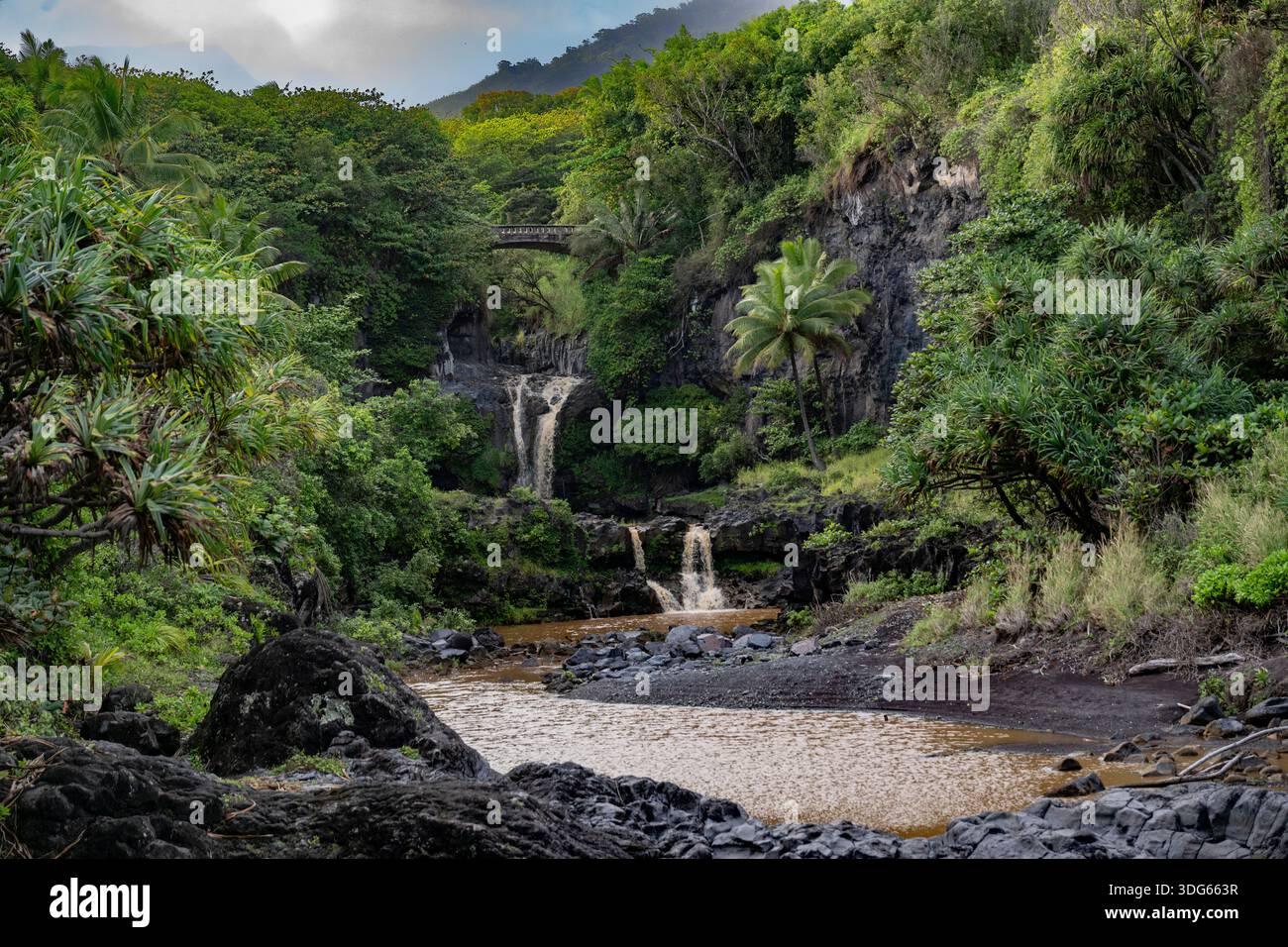 Lush tropical landscape with cascading waterfalls and a stone bridge ...
