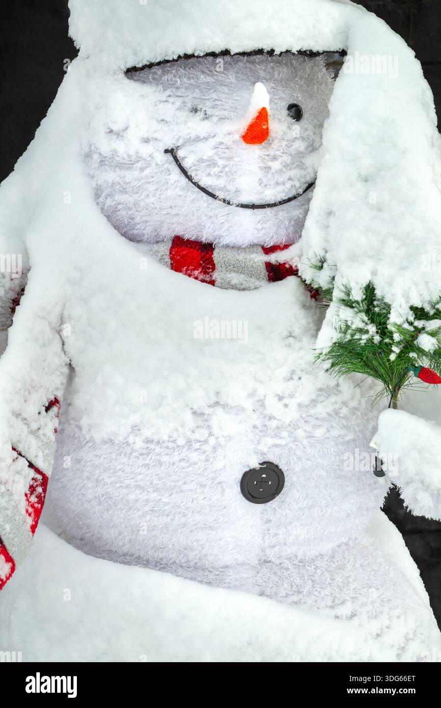 Snow-covered snowman with a red scarf holds a green branch smiling ...
