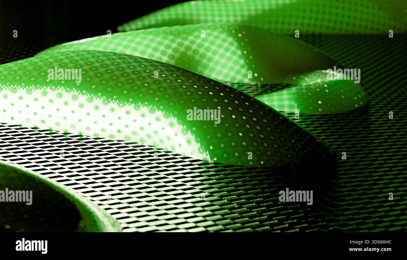 Glossy green shapes on a black and white patterned surface with ...
