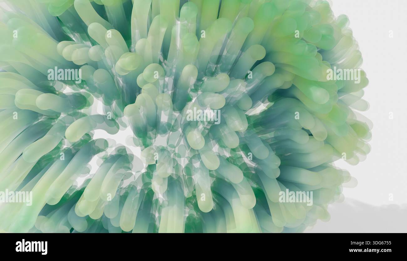 Abstract digital art with green and blue tubular shapes creating a ...