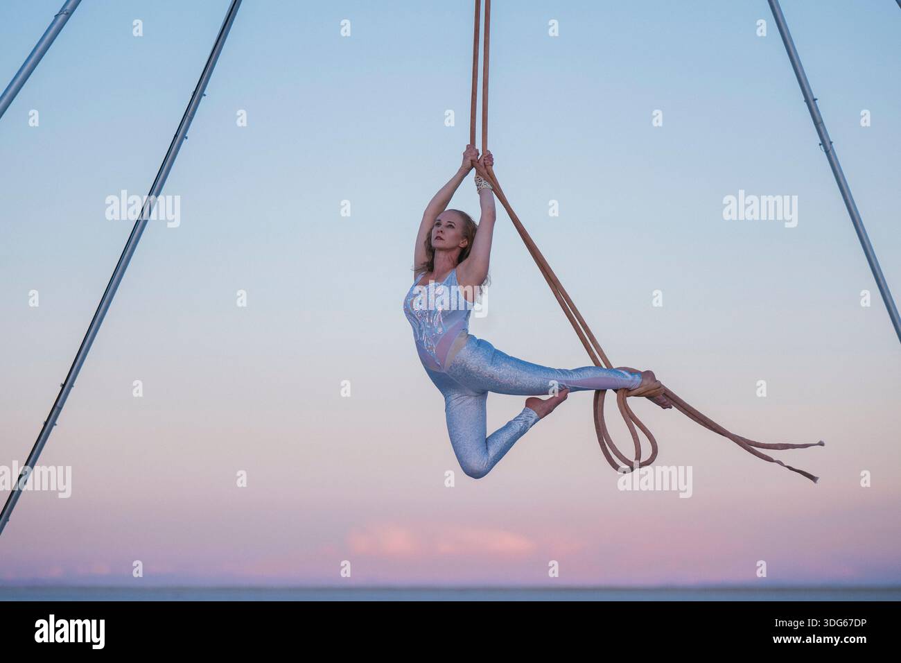 Aerial dancer in a striking pose, suspended by ropes during sunset over ...