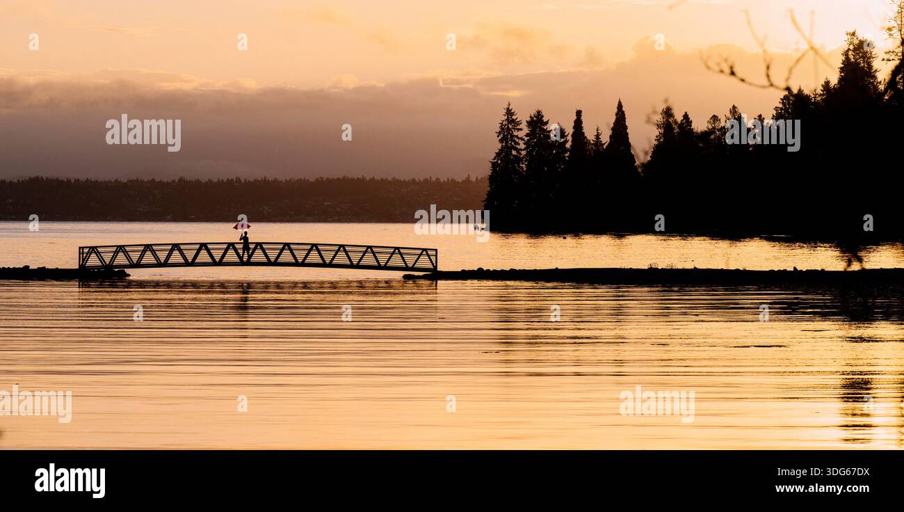 A bridge silhouette over calm water at sunset with trees in the ...