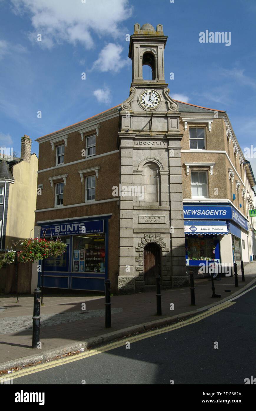 Architectural details of the clock tower marking the town's main street ...